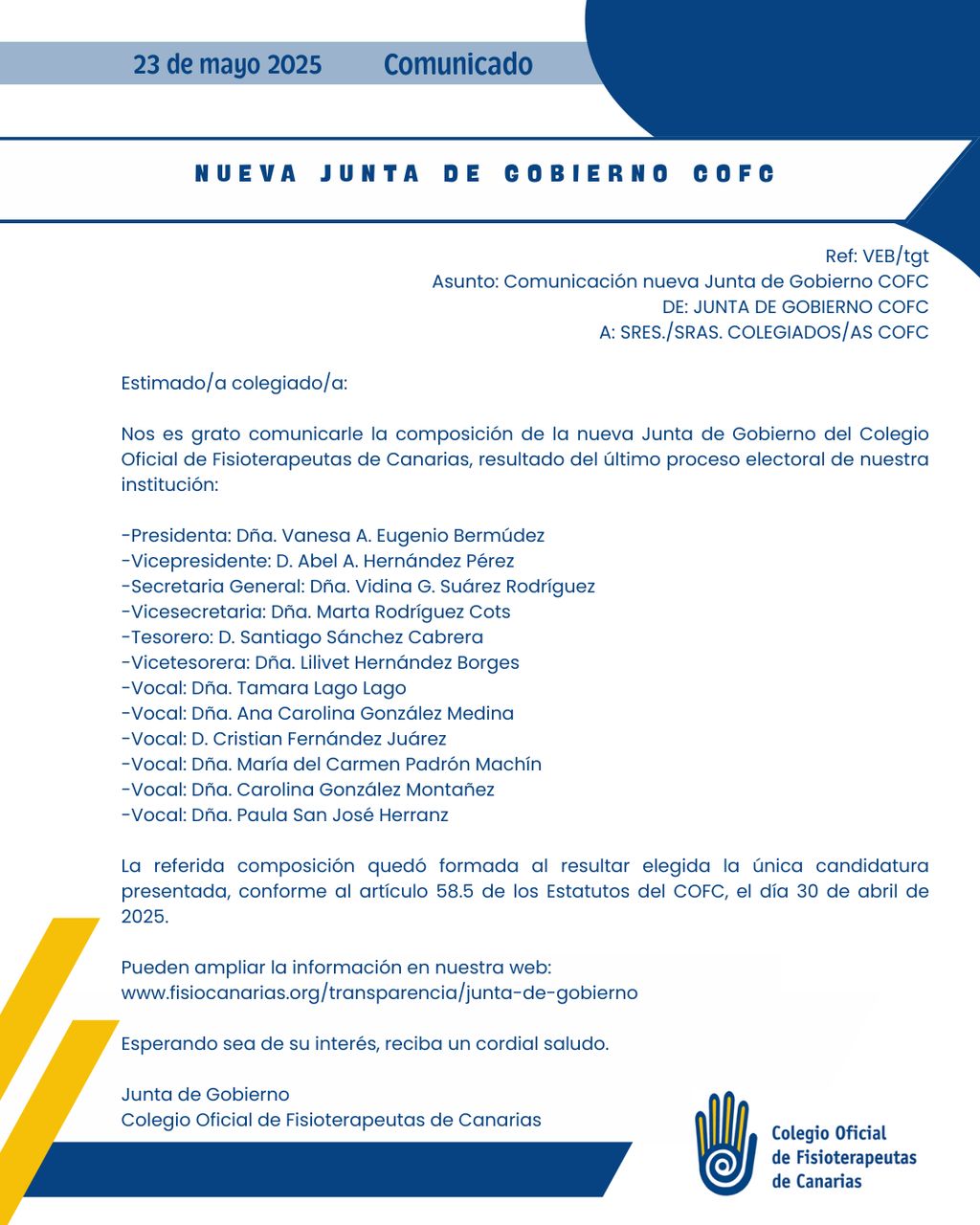 Comunicación nueva Junta de Gobierno COFC